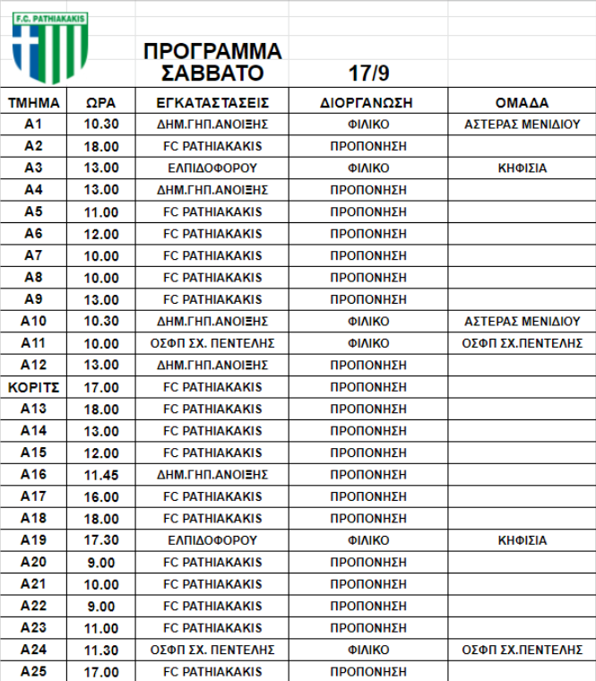 ΠΡΟΓΡΑΜΜΑ ΑΓΩΝΩΝ & ΠΡΟΠΟΝΗΣΕΩΝ 17-17-18/9/22 - Pathiakakis FC