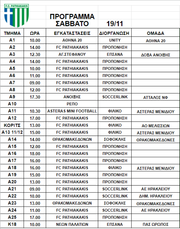 ΠΡΟΓΡΑΜΜΑ ΑΓΩΝΩΝ ΚΑΙ ΠΡΟΠΟΝΗΣΕΩΝ ΓΙΑ 19-20/11/22 - Pathiakakis FC