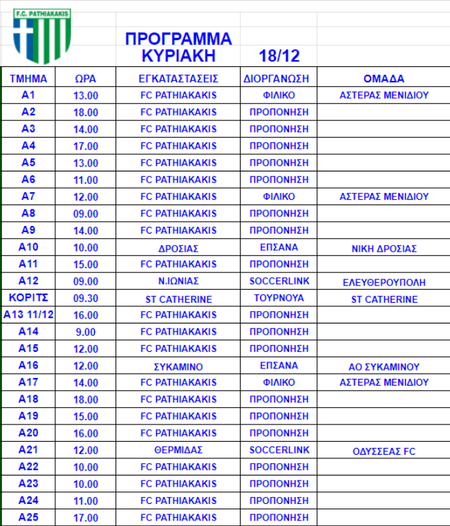ΠΡΟΓΡΑΜΜΑ ΑΓΩΝΩΝ ΚΑΙ ΠΡΟΠΟΝΗΣΕΩΝ ΓΙΑ 17-18/12/22 - Pathiakakis FC