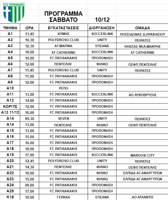 ΠΡΟΓΡΑΜΜΑ ΑΓΩΝΩΝ ΚΑΙ ΠΡΟΠΟΝΗΣΕΩΝ ΓΙΑ 10-11/12/22 - Pathiakakis FC